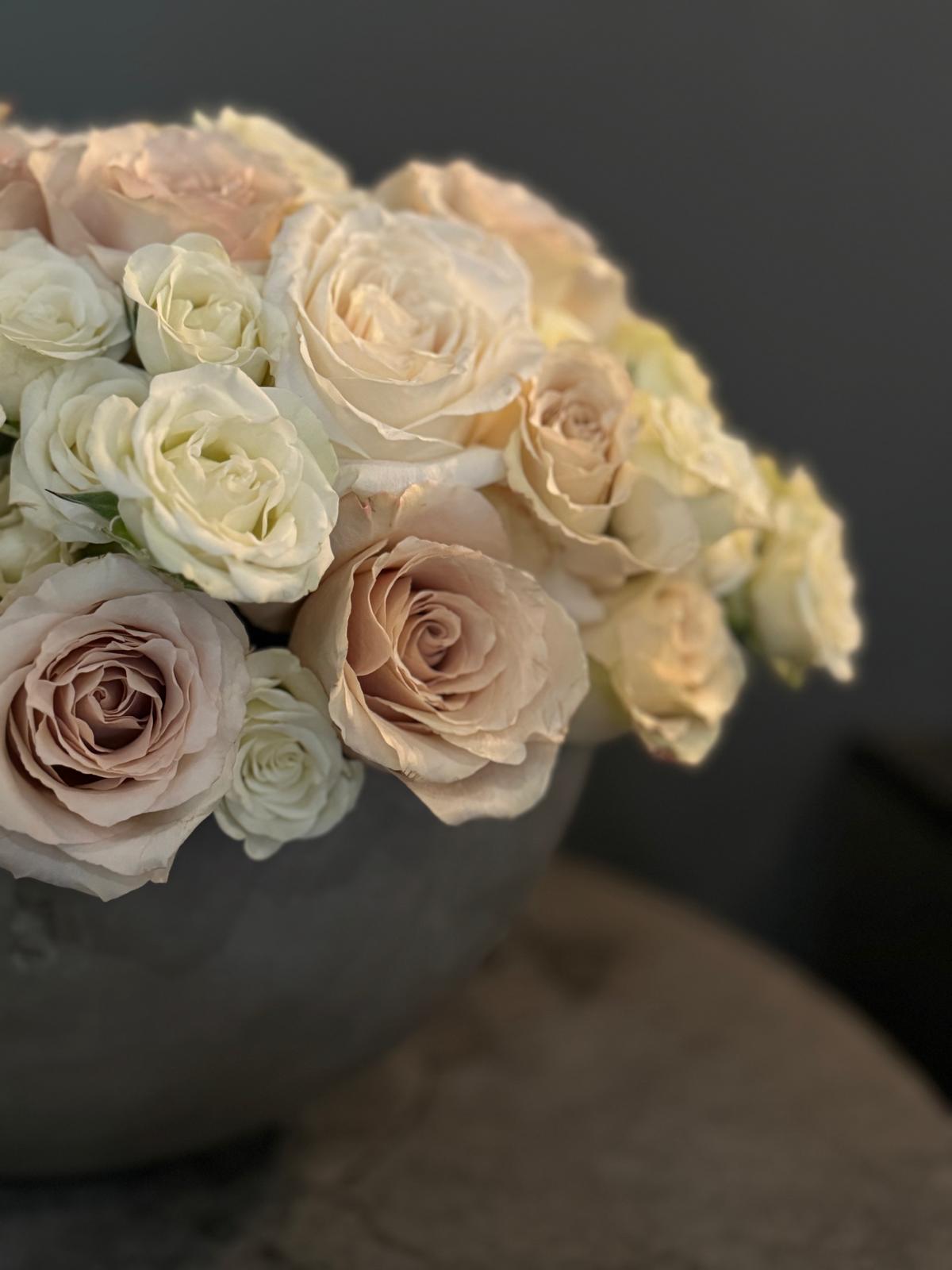 The Emma Floral Arrangement - Cream Roses, White Roses, and Light Pink ...