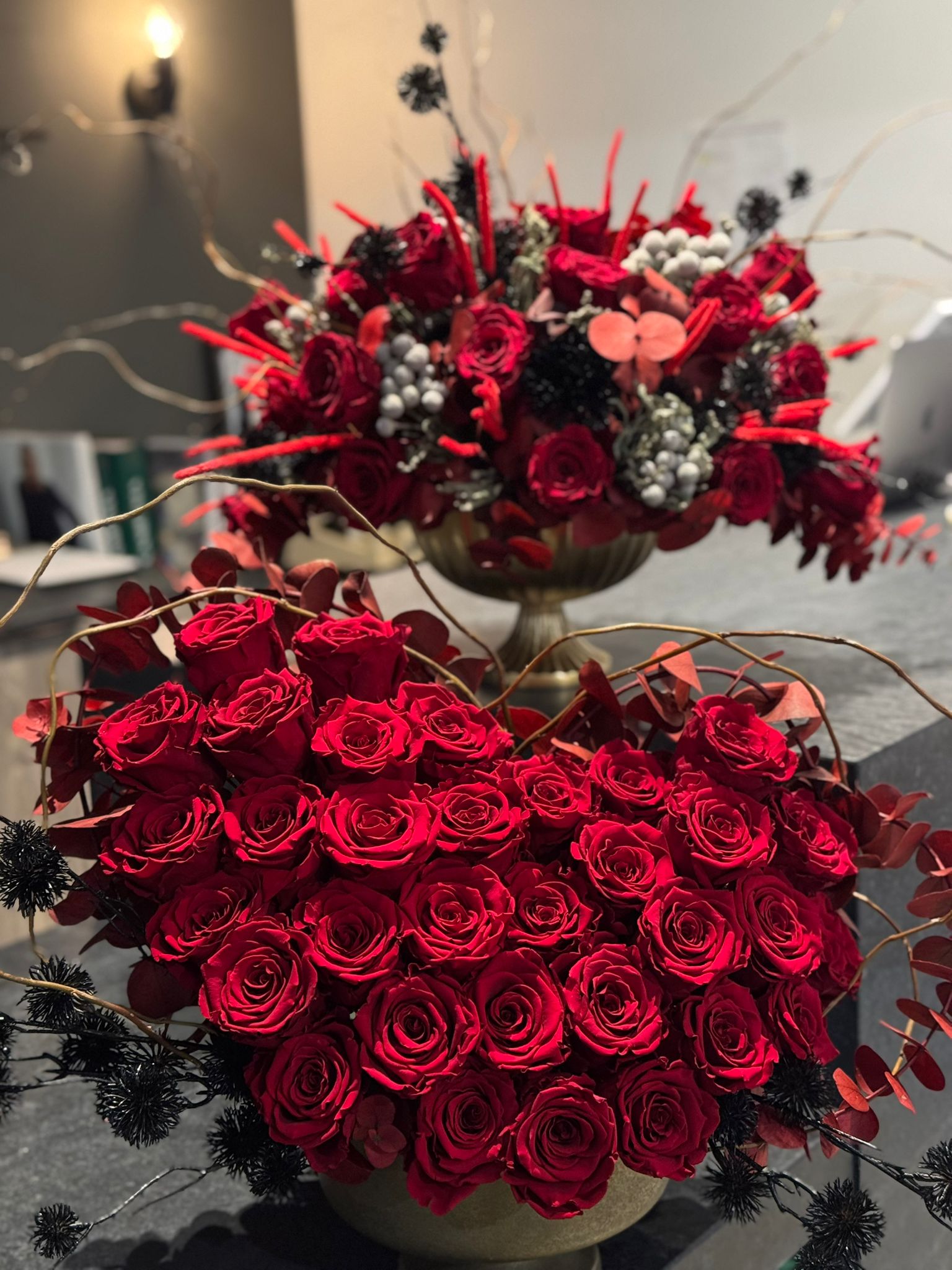 Deep Red Preserved Roses, Preserved Red Eucalyptus in Gold Vase Floral ...